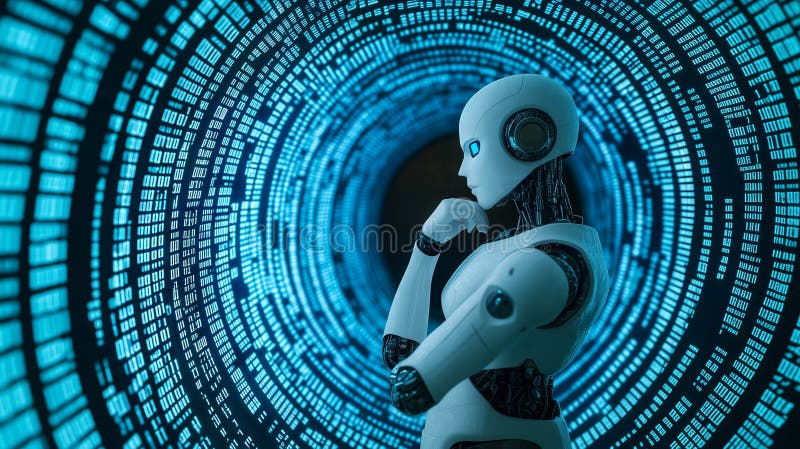Humanoid Robot Thinking about Binary Code in a Digital Tunnel Stock Illustration - Illustration ...