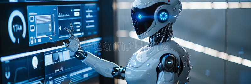 A Humanoid Robot, with a Touchscreen Interface Displaying AI Functions ...