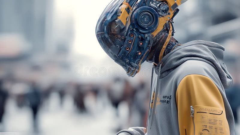 A Humanoid Robot with a Transparent, Intricate Helmet Features Visible ...