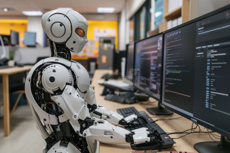 A Humanoid Robot Typing at a Computer in a Modern, Tech-filled ...