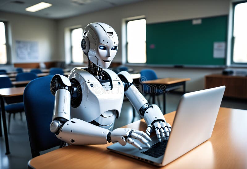 Humanoid Robot Using Laptop. Generative AI Stock Illustration ...