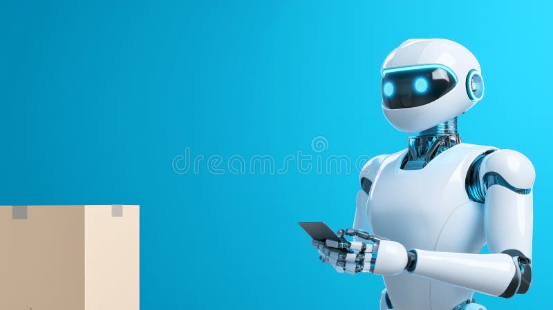 Humanoid Robot Using Mobile Device Next To a Box Stock Illustration ...