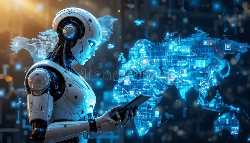 A Humanoid Robot Using a Tablet Against a Backdrop of a Digital World ...
