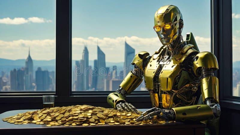 Humanoid Robot Using a Thinking Brain Sitting in His Office Counting a ...