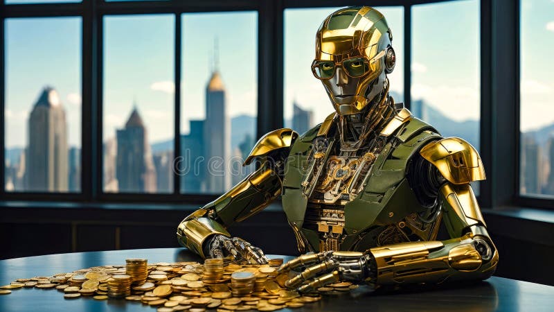 Humanoid Robot Using a Thinking Brain Sitting in His Office Counting a ...