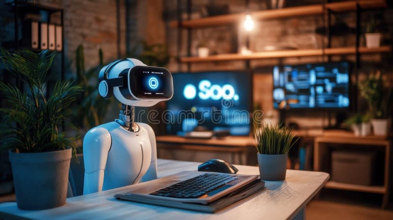 Humanoid Robot with Vr Headset Works at a Computer Desk Stock ...