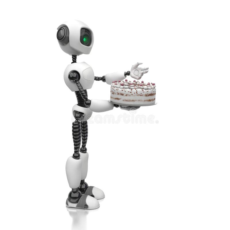 A Humanoid Robot Waiter or Robot Chef Holds a Cake in His Hands. Future ...