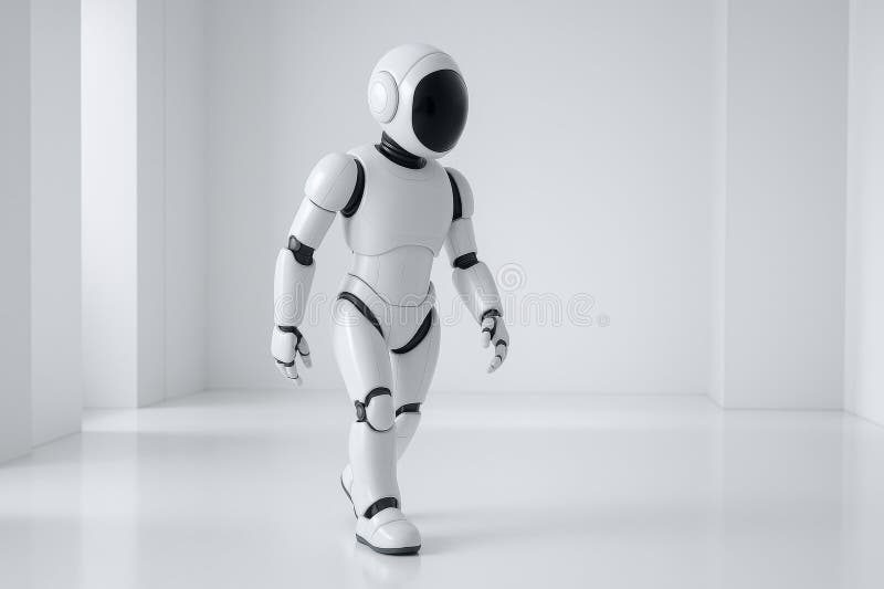 Humanoid Robot Walking through an Empty White Room Embodies ...