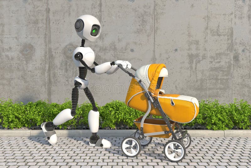 A Humanoid Robot Walks on the Street with a Baby in a Yellow Baby ...