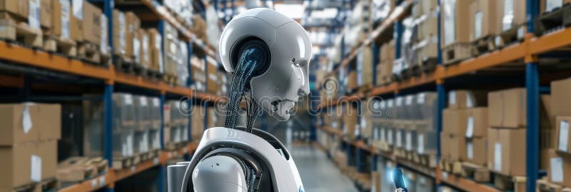 Humanoid Robot in a Warehouse with Shelves of Boxes. Concept of AI ...