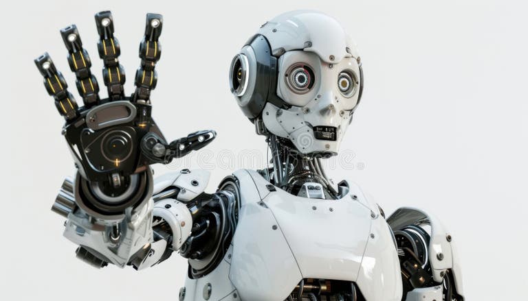Humanoid Robot Waving Hello in a Studio Setting with Neutral Background ...