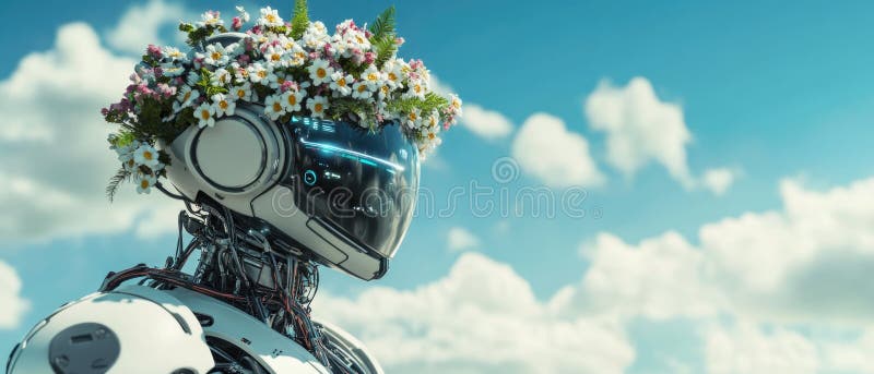 A Humanoid Robot Wearing a Colorful Flower Crown on Its Head Stock ...