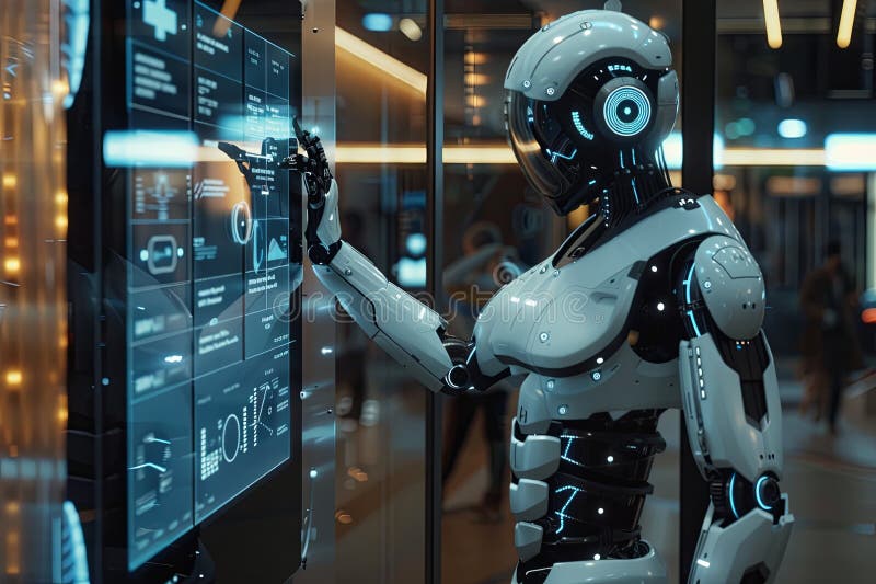 A Humanoid Robot with a White Exterior Interacts with a Touchscreen ...