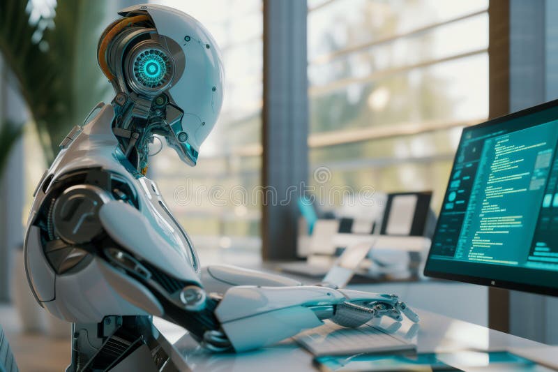 Humanoid Robot Worker Working in an Office on a Computer Stock Illustration - Illustration of ...