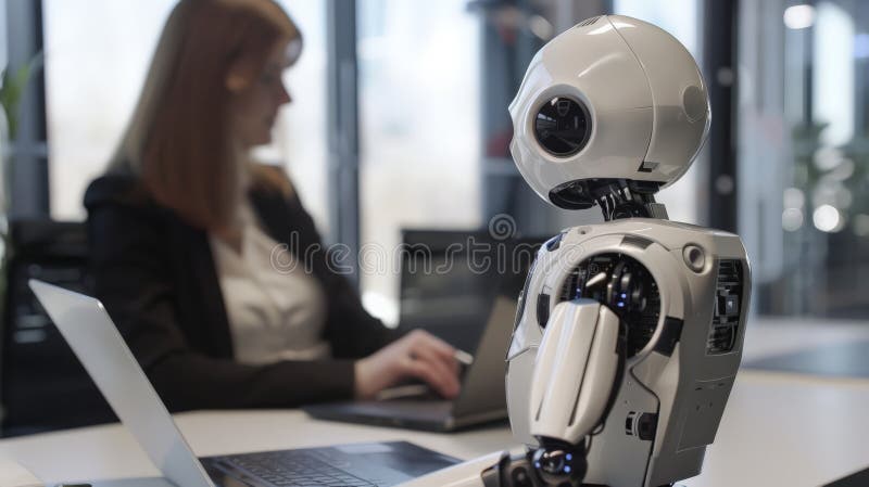 Humanoid Robot Working Alongside Human in a Modern Office. AI and ...