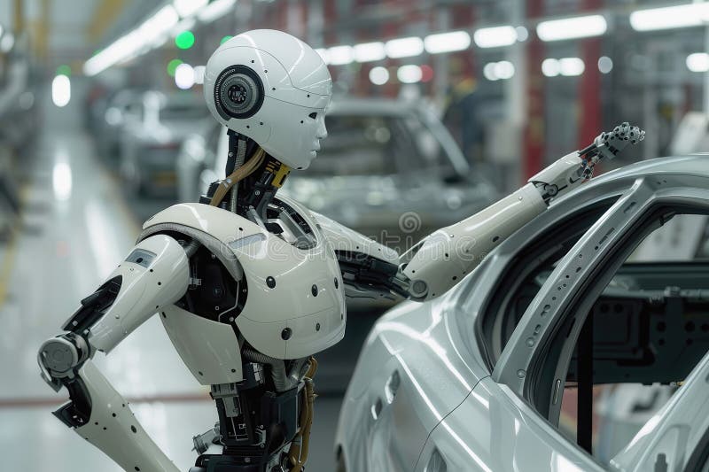 Humanoid Robot Working in a Car Assembly Production Line, AI Generated ...