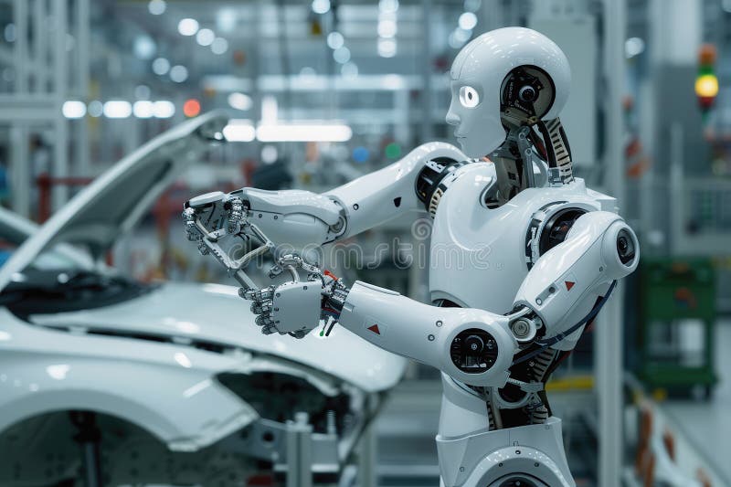 Humanoid Robot Working in a Car Assembly Production Line, AI Generated ...