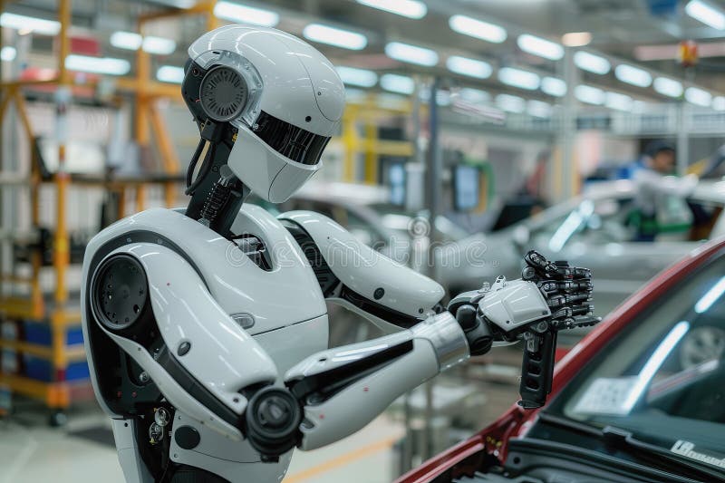 Humanoid Robot Working in a Car Assembly Production Line, AI Generated ...