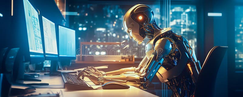 A Humanoid Robot Working with Computer in Office. Generative Ai Stock ...