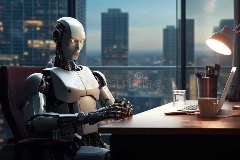 Humanoid Robot Working at Computer in Office Room. Working Robot Stock ...