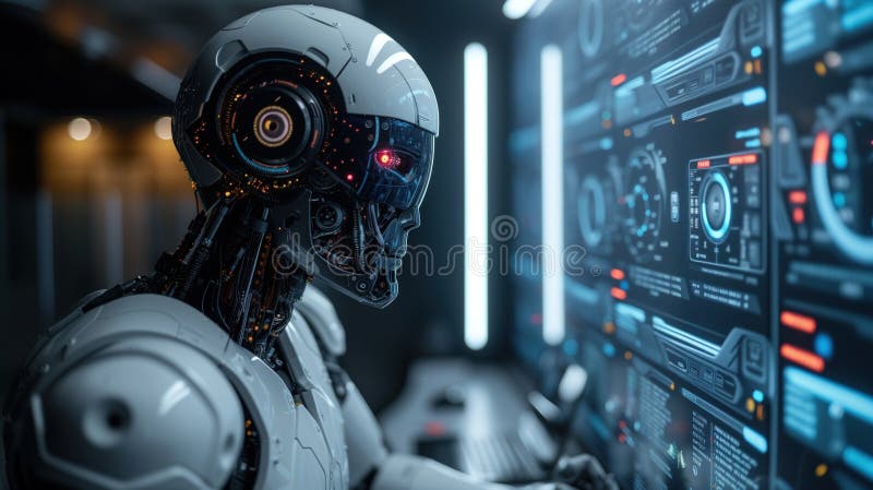Humanoid Robot Working on a Computer Stock Illustration - Illustration ...