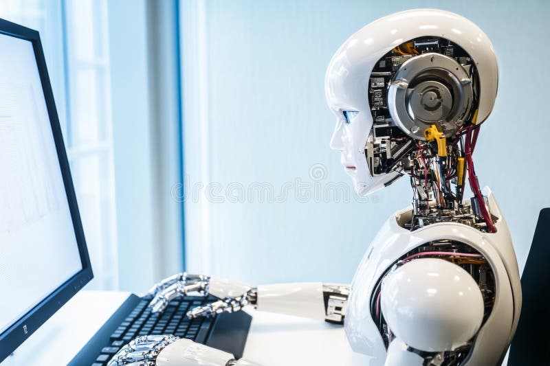 Humanoid Robot Working on Computer Using Keyboard in Office. Stock ...