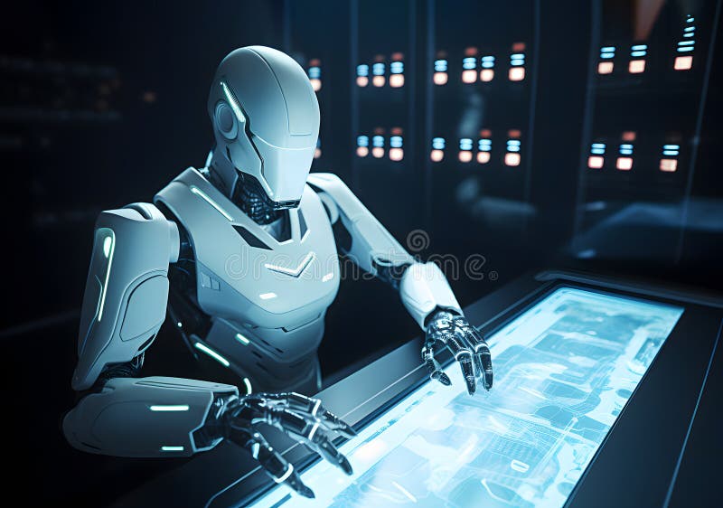 Humanoid Robot Working on Digital Display in Science Laboratory Stock ...