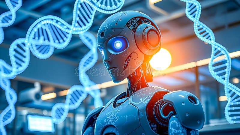 Humanoid Robot Working with Dna Molecule on Blurred Background Stock ...