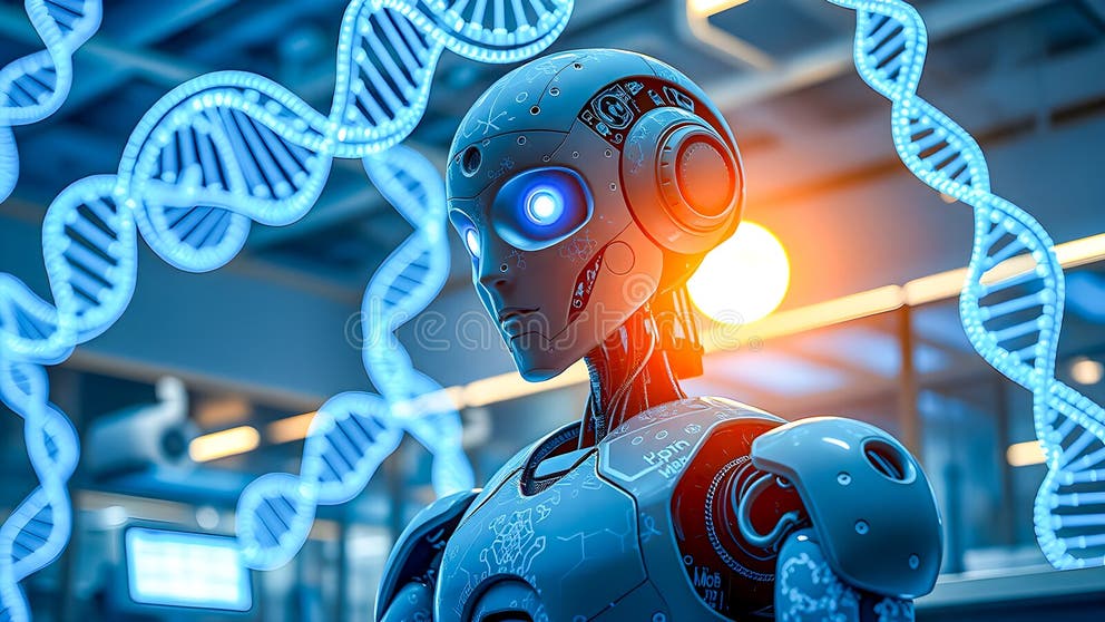 Humanoid Robot Working with Dna Molecule on Blurred Background Stock ...