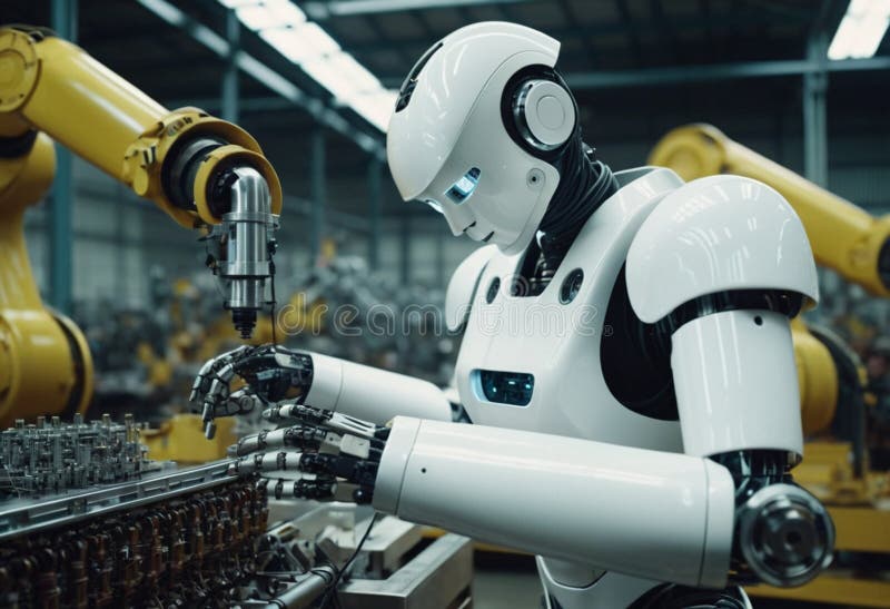 Humanoid Robot Working in a Factory Assembly Line Stock Illustration ...