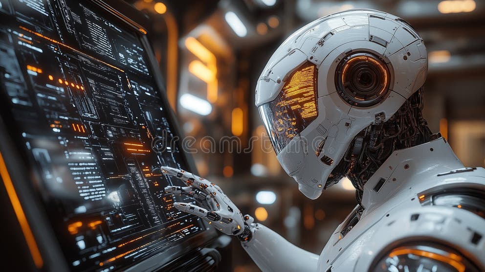 Humanoid Robot Working with Futuristic Digital Interface and Data Streams Stock Image - Image of ...