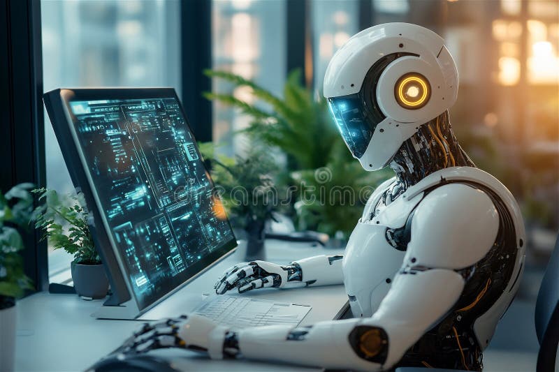 Humanoid Robot Working at a Futuristic Workstation with Glowing Digital ...