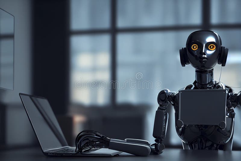 Humanoid Robot with a Headset and a Laptop, Generative AI Illustration ...