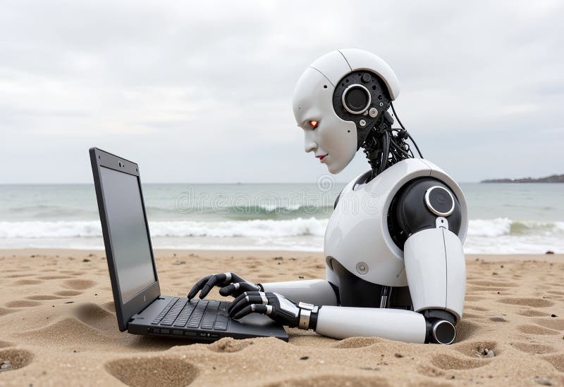 Humanoid Robot Working on Laptop Computer. Artificial Intelligence ... Humanoid Robot Working on Laptop Computer. Artificial Intelligence ...
