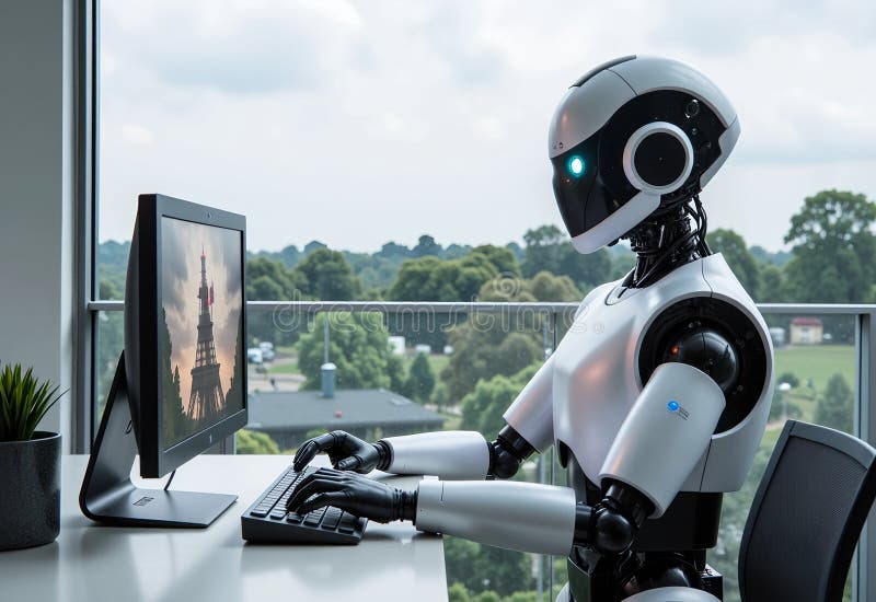 Humanoid Robot Working on Laptop Computer. Artificial Intelligence ... Humanoid Robot Working on Laptop Computer. Artificial Intelligence ...