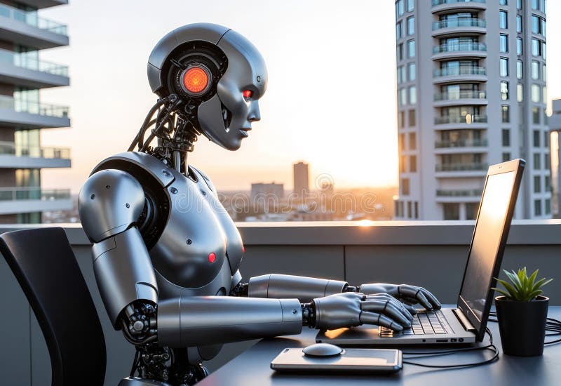 Humanoid Robot Working on Laptop Computer. Artificial Intelligence ... Humanoid Robot Working on Laptop Computer. Artificial Intelligence ...