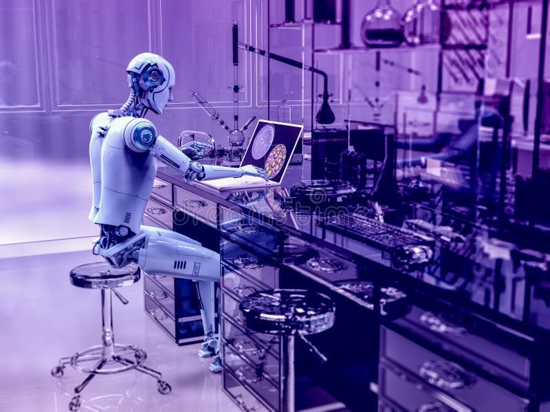 A Humanoid Robot Working with Laptop, Conceptual 3D Illustration Stock ...