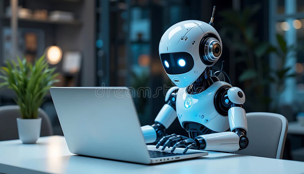 A Humanoid Robot Working on a Laptop in a Modern Home Office ...