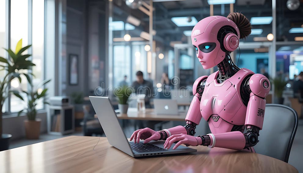 A Humanoid Robot Working on a Laptop in a Modern Home Office ...