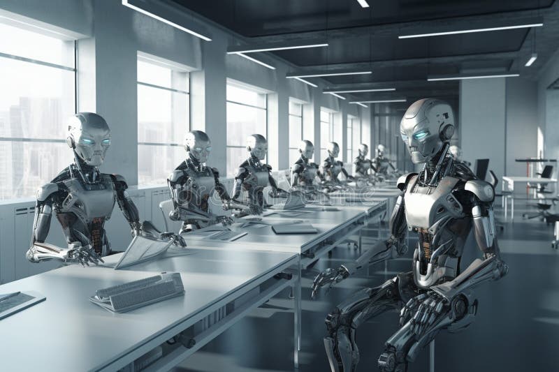 Humanoid Robot Working in Modern Smart Office, Future Technology Concept 3d Rendering, Toned ...