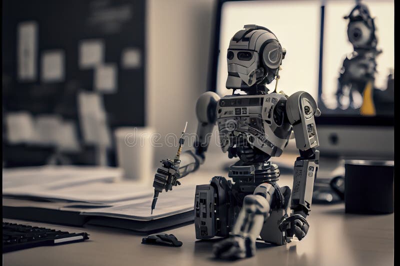 Humanoid Robot Working in an Office Setting Stock Illustration ...