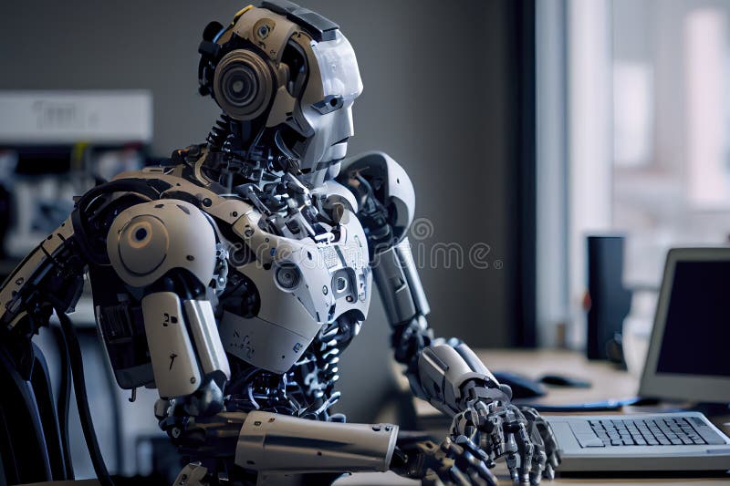 Humanoid Robot Working in an Office Setting Stock Illustration ...