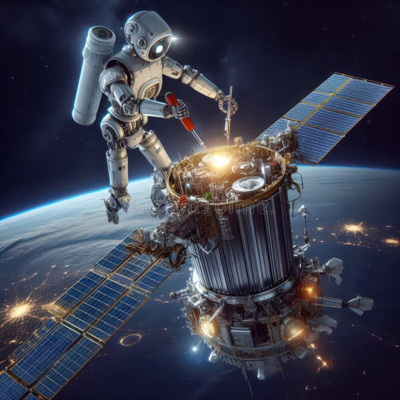 Robot Repairs Satellite in Orbit Above Earth during a Clear Night Stock ...