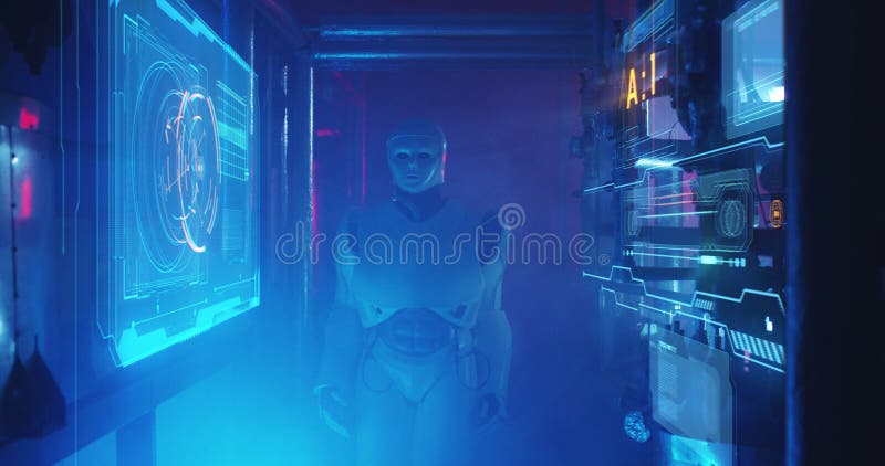 Humanoid Robot Working in a Smoke Filled Lab Stock Photo - Image of ...