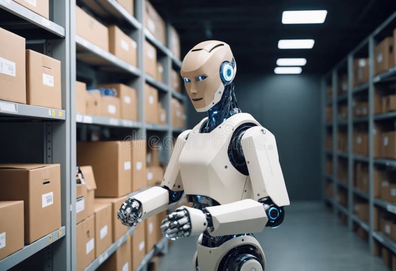 Humanoid Robot Works As Helper in Warehouse. Concept of Futuristic ...