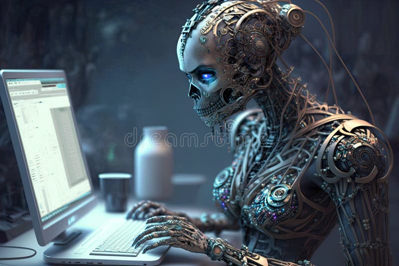 A Humanoid Robot Works at a Computer. Cybernetic Organism. Stock ...