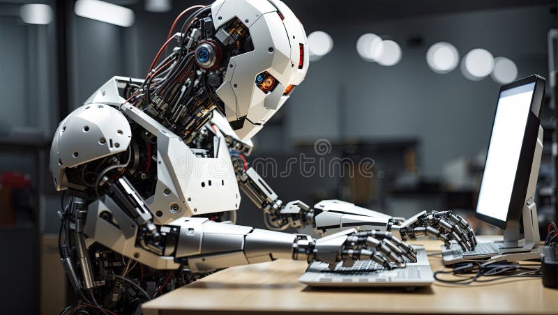 A Humanoid Robot Works at a Computer Stock Illustration - Illustration ...