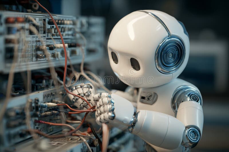 A Humanoid Robot Works Diligently on Wiring and Electrical Connections ...