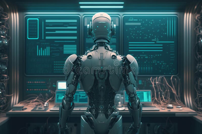 Humanoid Robot Works with Futuristic Control Panel, Futuristic Control ...
