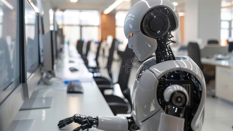 Humanoid Robot Works in the Office at the Computer Stock Photo - Image ...